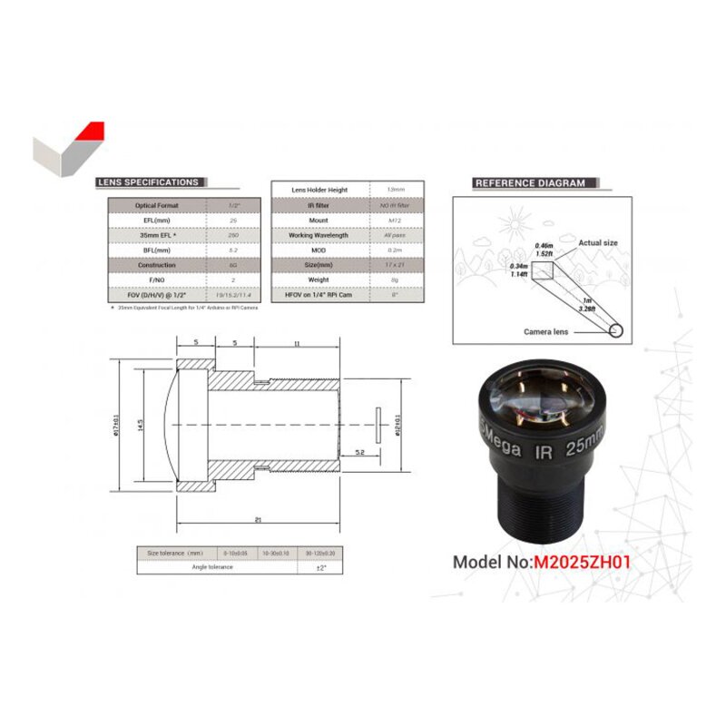 Arducam LN016 M12 Mount 25mm Focal Length Lens M2025ZH01, 29,90 &euro