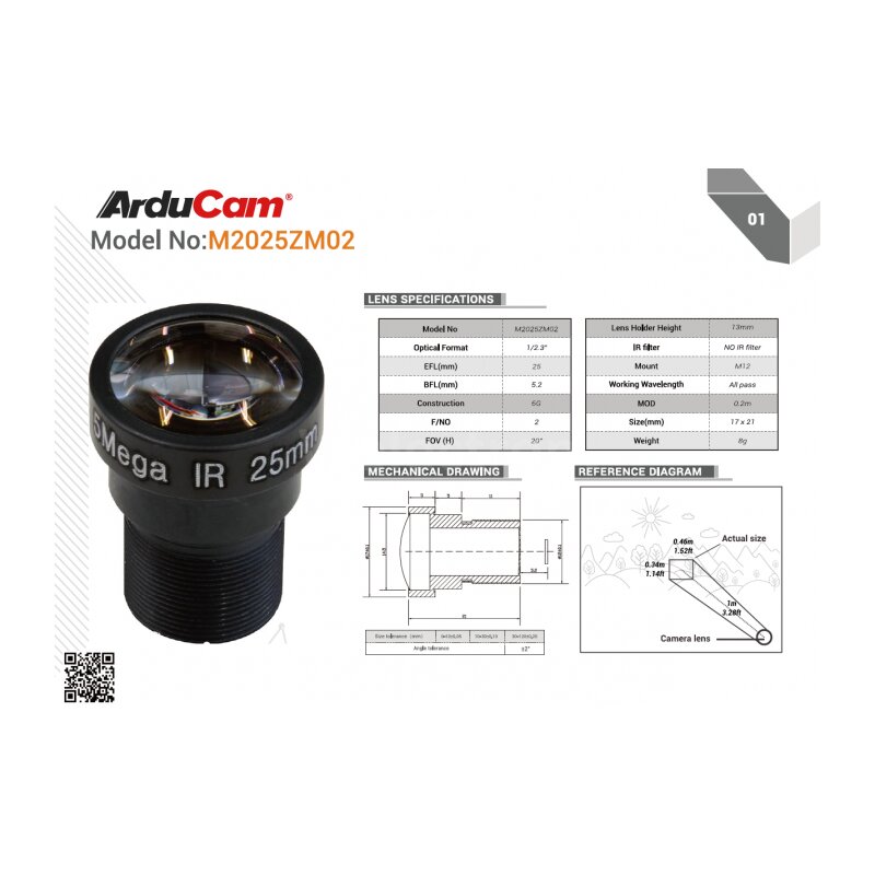Arducam LN036 Telephoto 20 Degree 1/2.3" M12 Lens with Lens Adap