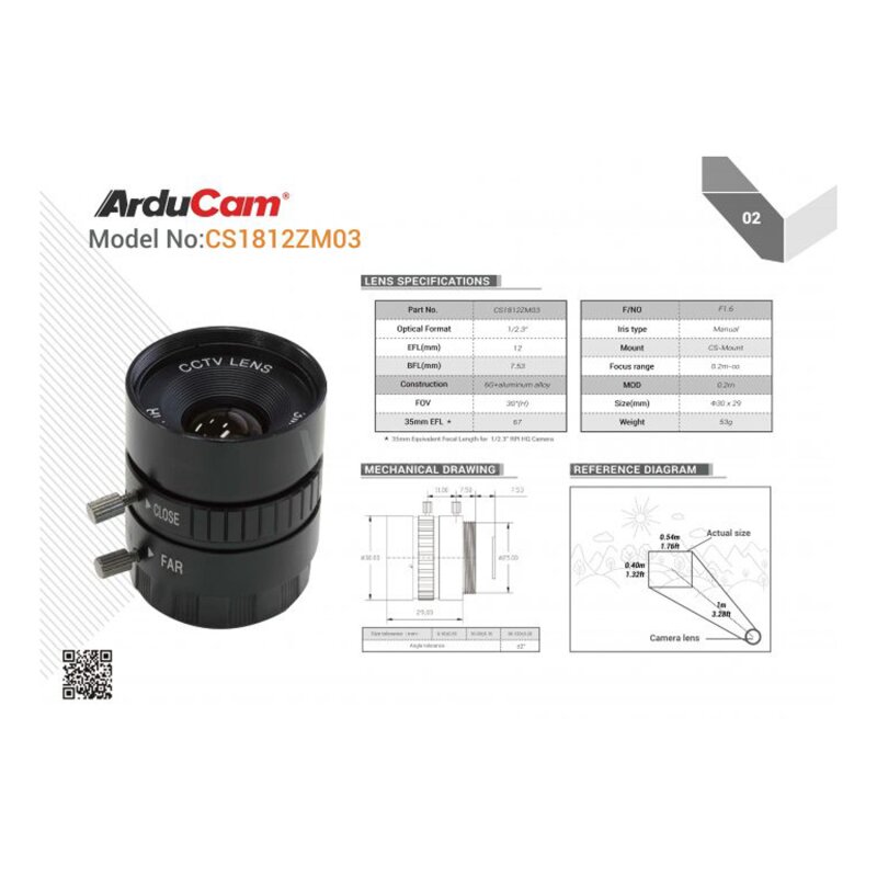 Arducam LN040 CS-Mount Lens for Raspberry Pi High Quality Camera, 29,