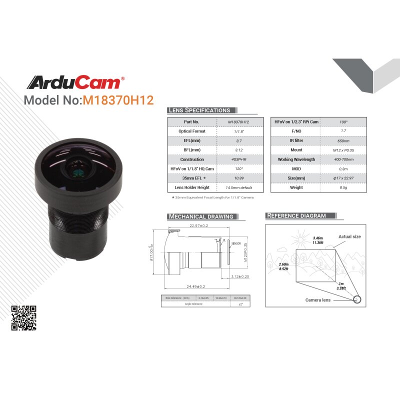 Arducam LN083 1/1.8'' 4K 3.7mm Wide Angle M12 Lens for OS08A10,OS08A2